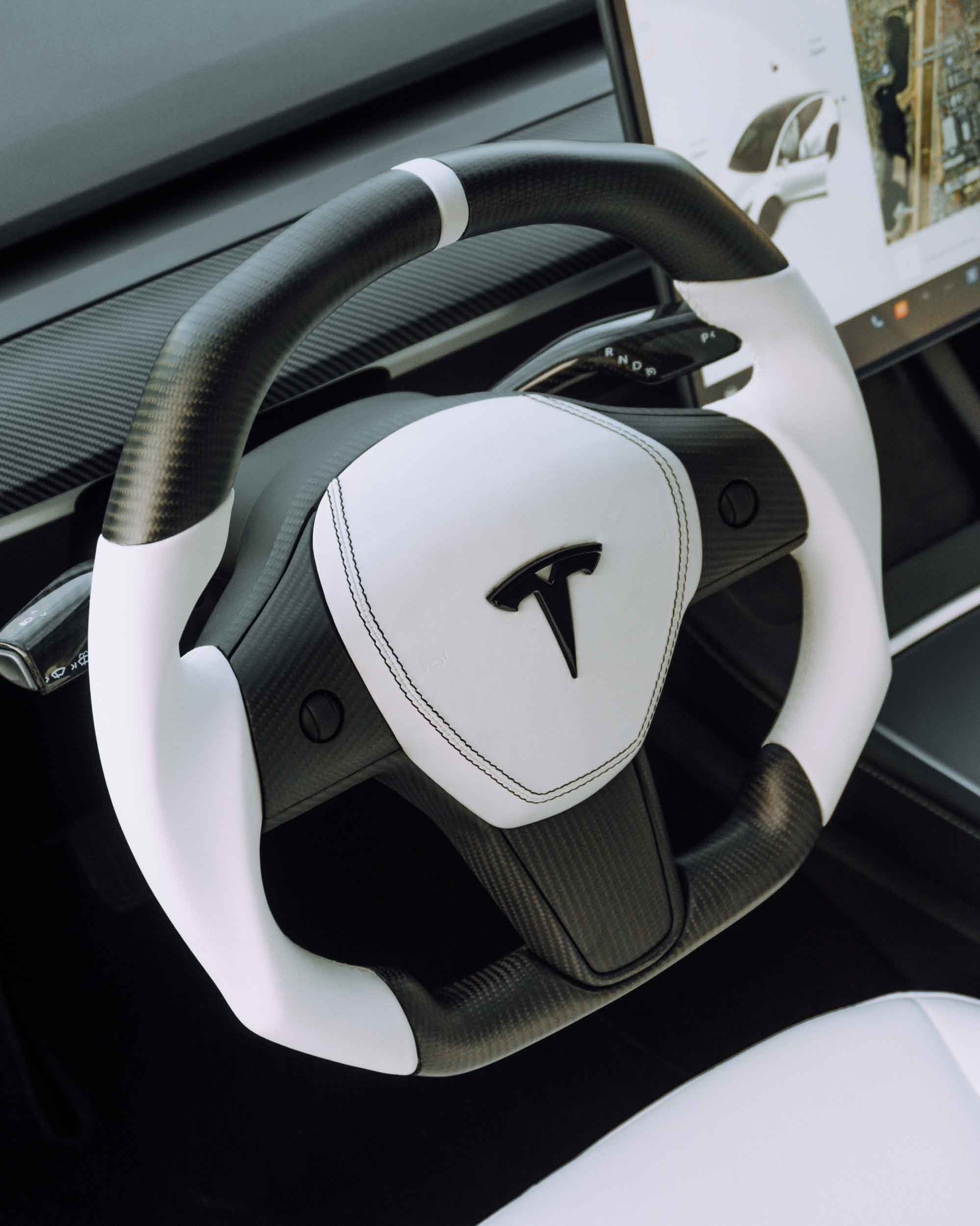 TESLA MODEL 3 / Y WHITE LEATHER FLAT BOTTOM STORMTROOPER DRY CARBON ST ...